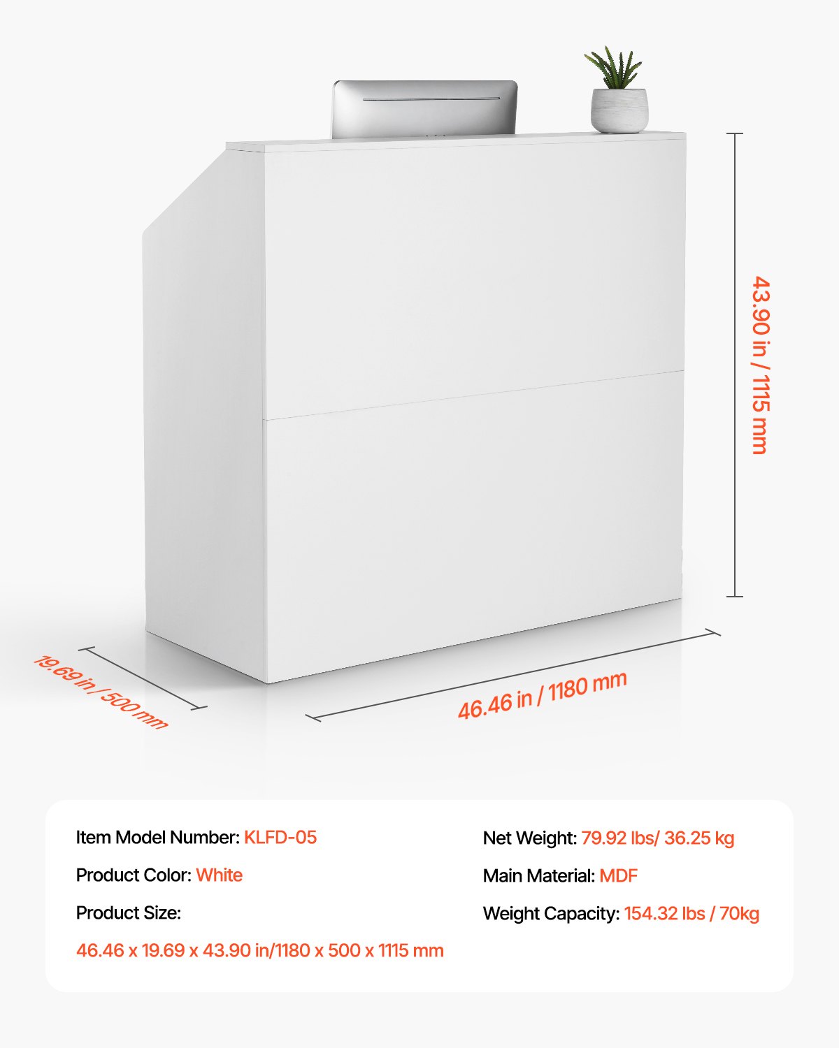 VEVOR Reception Desk, 1180 x 500 x 1115 mm Rectangular Front Counter ...