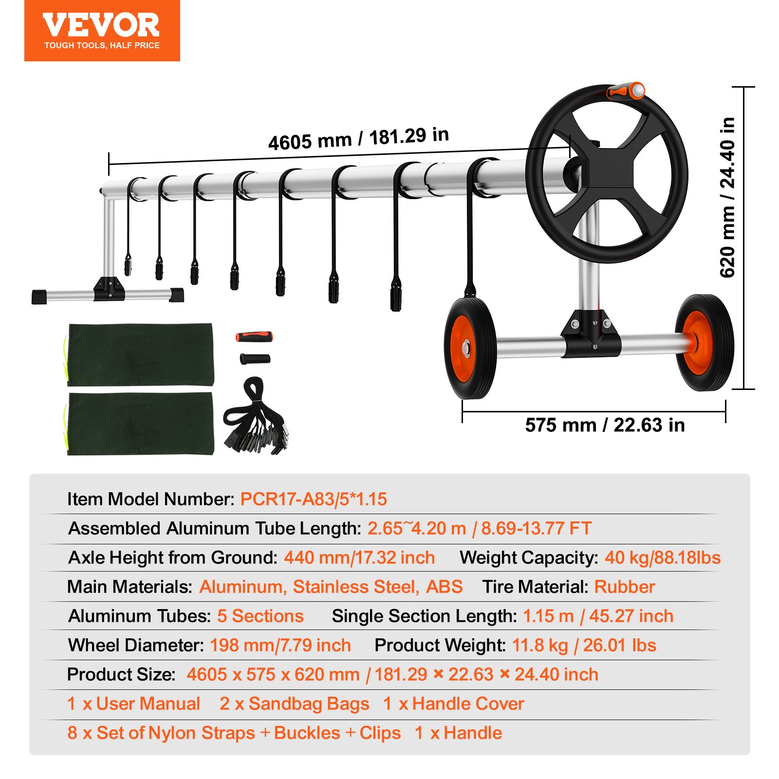 VEVOR Pool Cover Reel, Aluminum Solar Cover Reel 14 ft, Inground ...