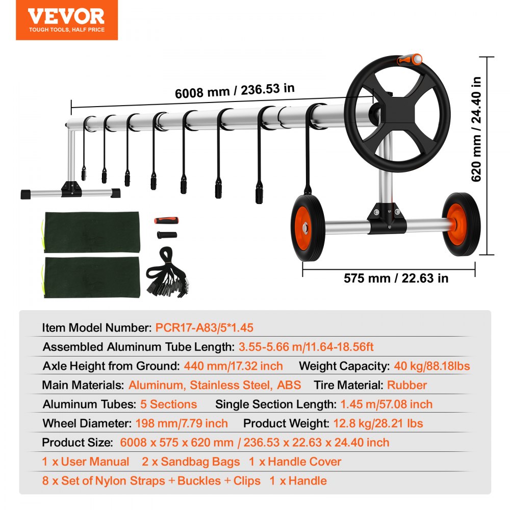 VEVOR Pool Cover Reel, Aluminum Solar Cover Reel 18 ft, Inground ...