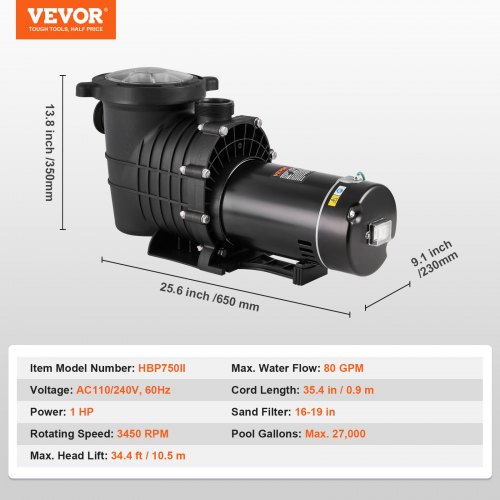 VEVOR Above Ground Pool Pump, 1HP, 80 GPM Max. Flow Single Speed ...