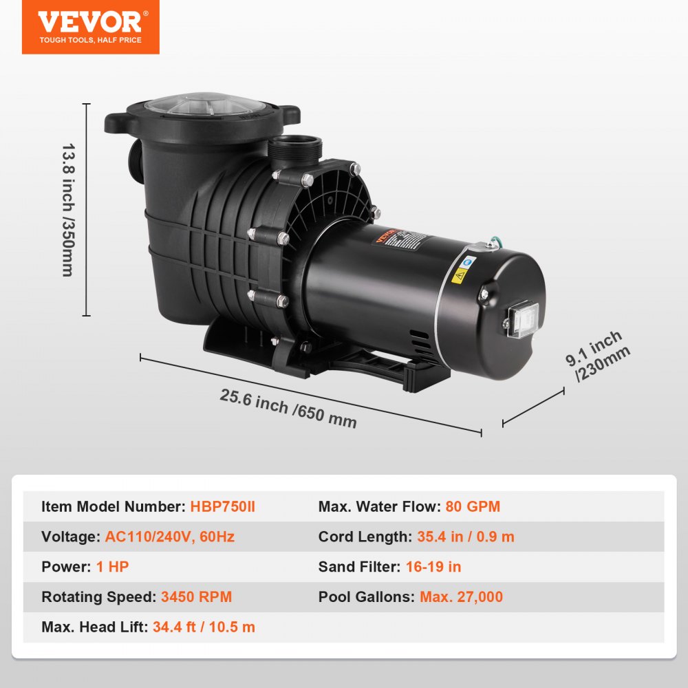 VEVOR Above Ground Pool Pump, 1HP, 80 GPM Max. Flow Single Speed ...