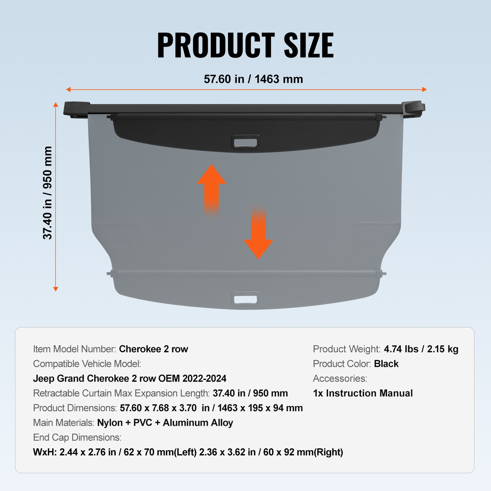 VEVOR Retractable Cargo Cover for Jeep Grand Cherokee 2 Row 2022-2024 ...