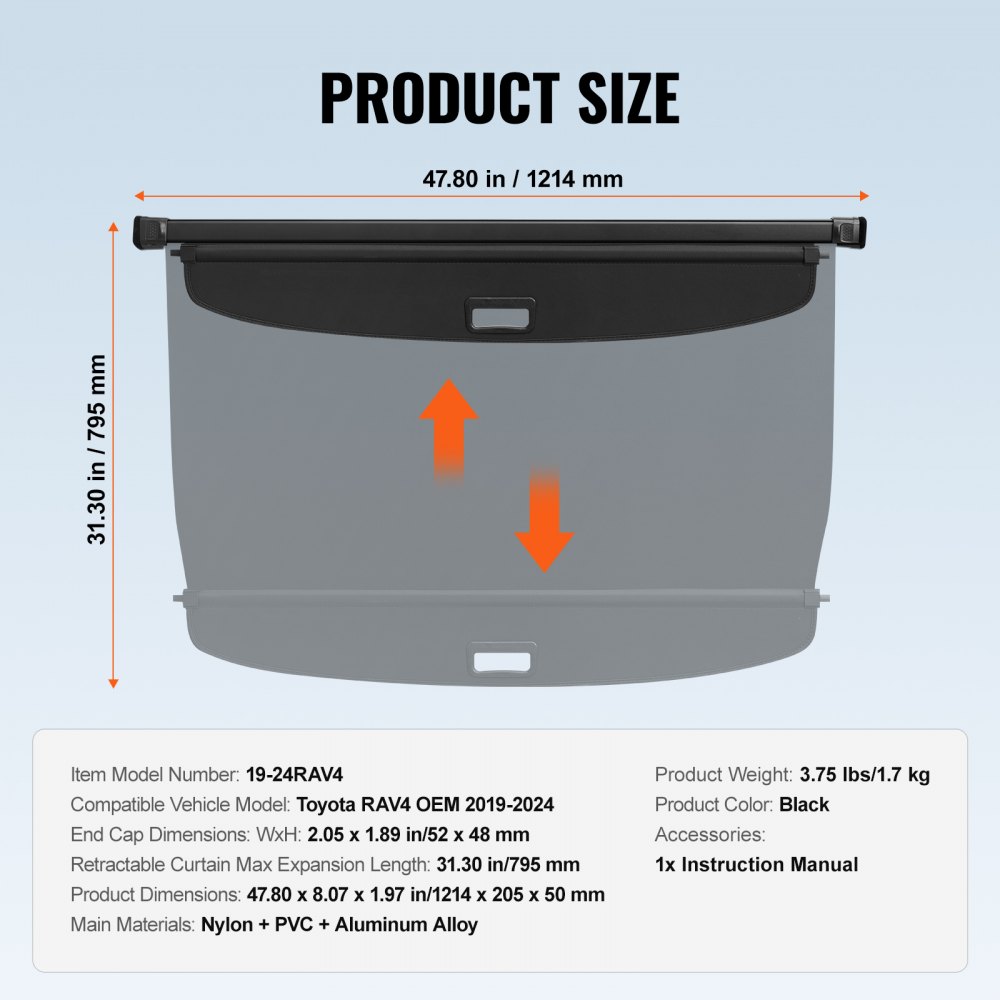 VEVOR Retractable Cargo Cover for Toyota RAV4 2019-2024 Upgrade Rear ...