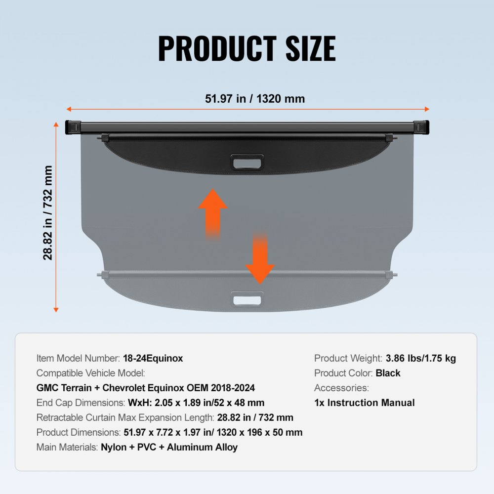 VEVOR Retractable Cargo Cover for GMC Terrain + Chevrolet Equinox 2018 ...