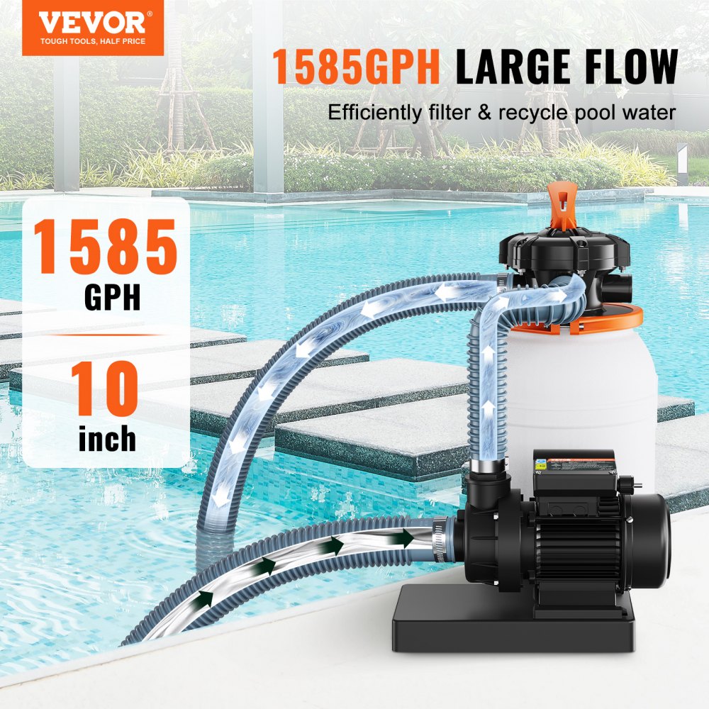 VEVOR Sand Filter Pump for Above Ground Pools, 10-inch, 1585 GPH, 0.33 ...