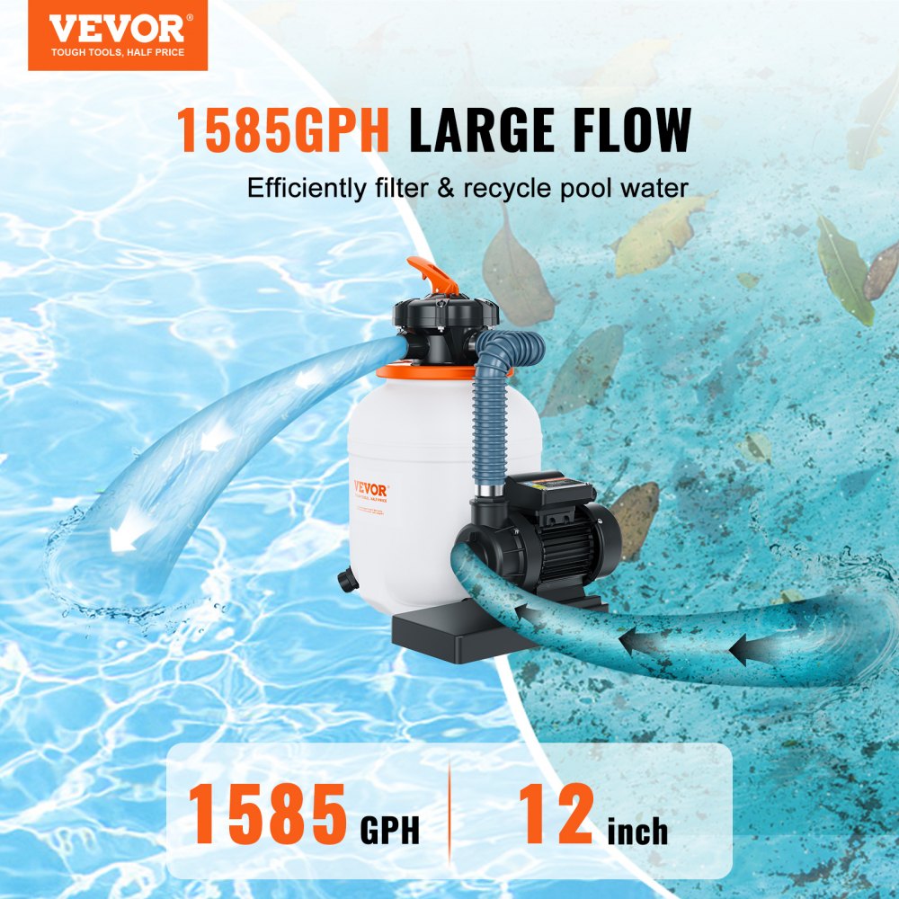 VEVOR Sand Filter Pump for Above Ground Pools, 12-inch, 1585 GPH, 0.35 ...