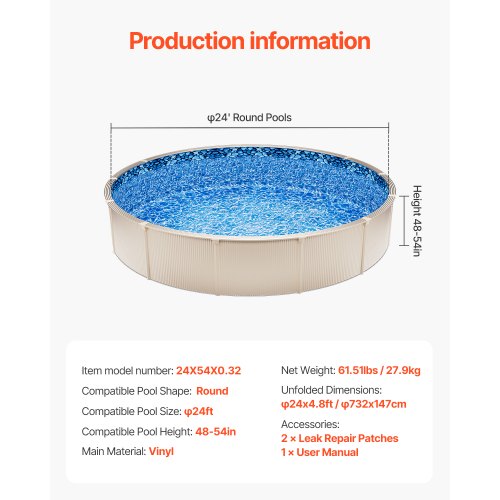 Round Pool Liner 24ft Overlap Style Pool Liner 54in Wall Height Durable ...