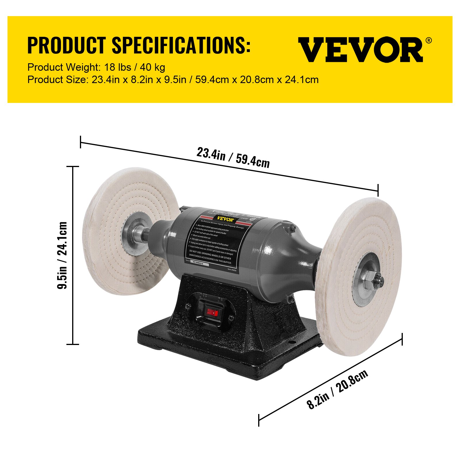 VEVOR Bench Buffer Polisher, 8 inch Buffing Machine 350W 3/4HP Motor ...