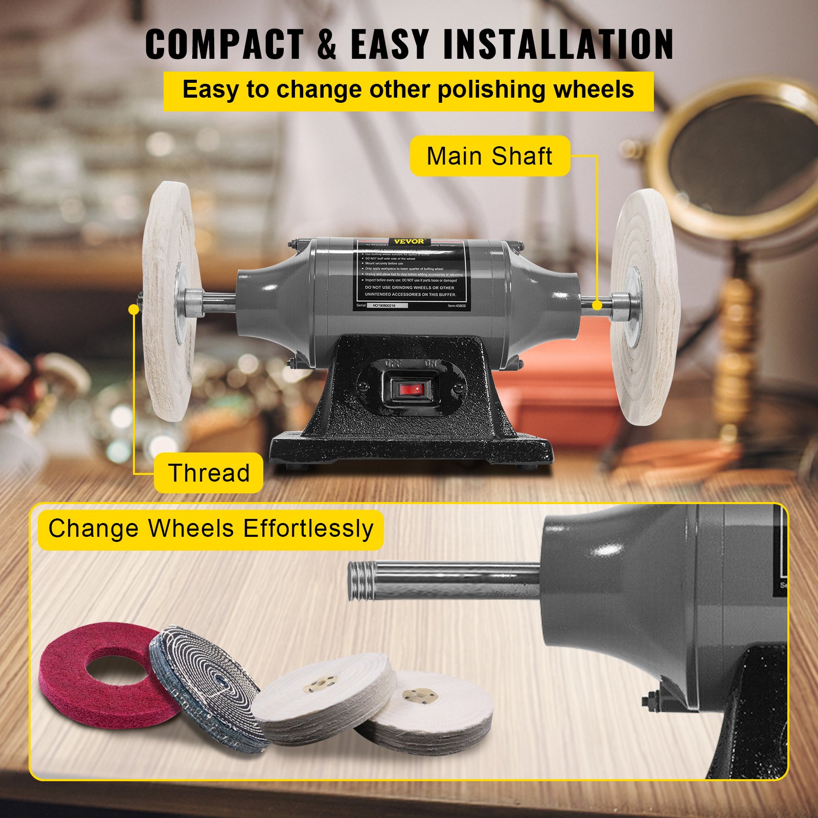 VEVOR Bench Buffer Polisher, 8 inch Buffing Machine 370W Motor with ...