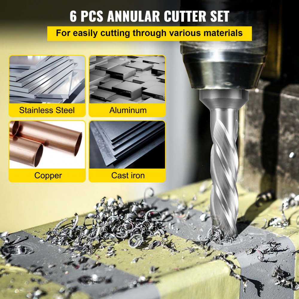 VEVOR Annular Cutter Set, 6 pcs 3/4" Weldon Shank, 2" Cutting Depth and ...