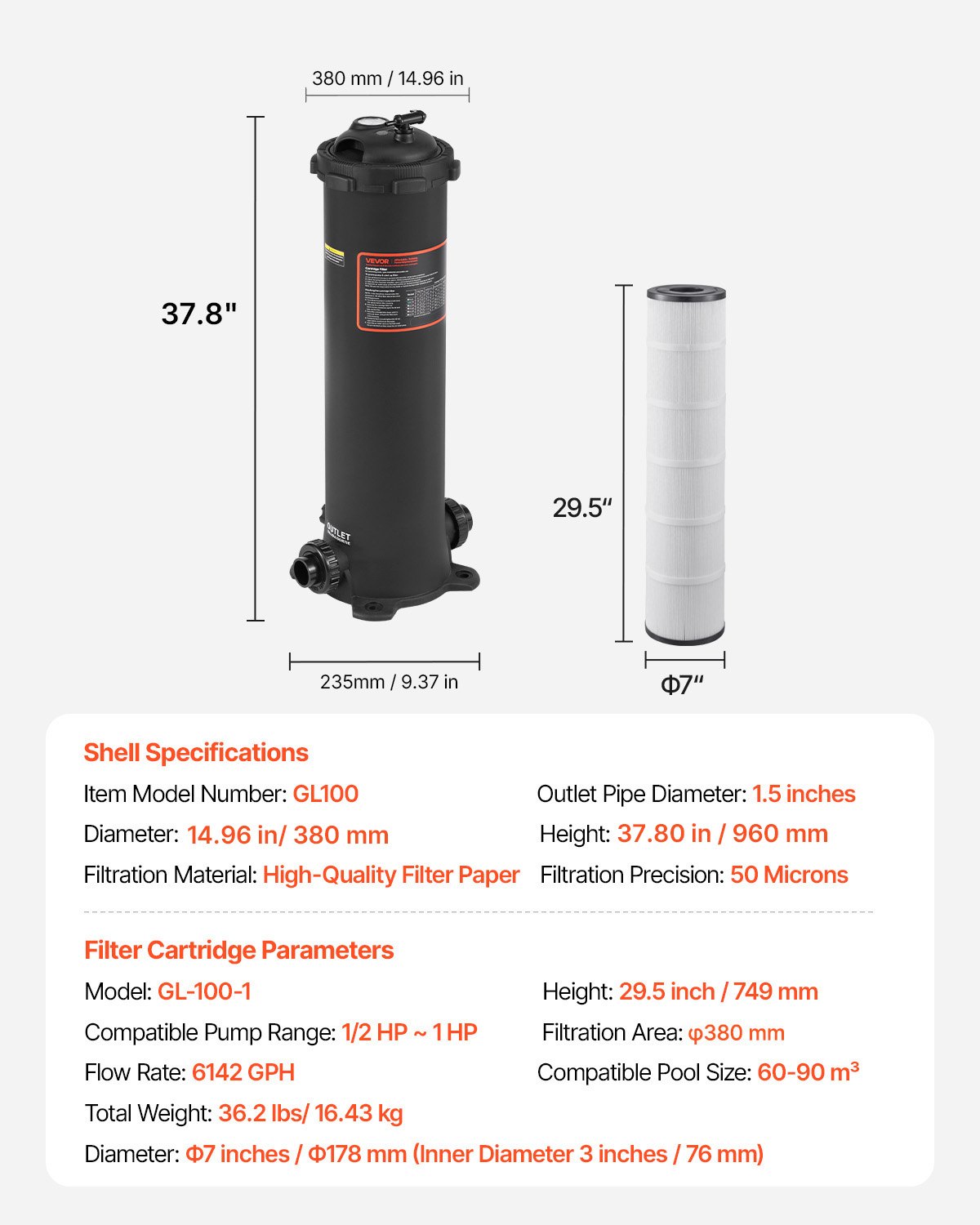 100 sq.ft² Cartridge Pool Filter Valve 6142 GPH Swimming Pool ...