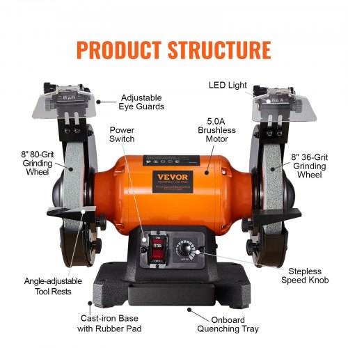 VEVOR Bench Grinder, 8 inch Variable Speed Bench Grinder with 5.0A ...