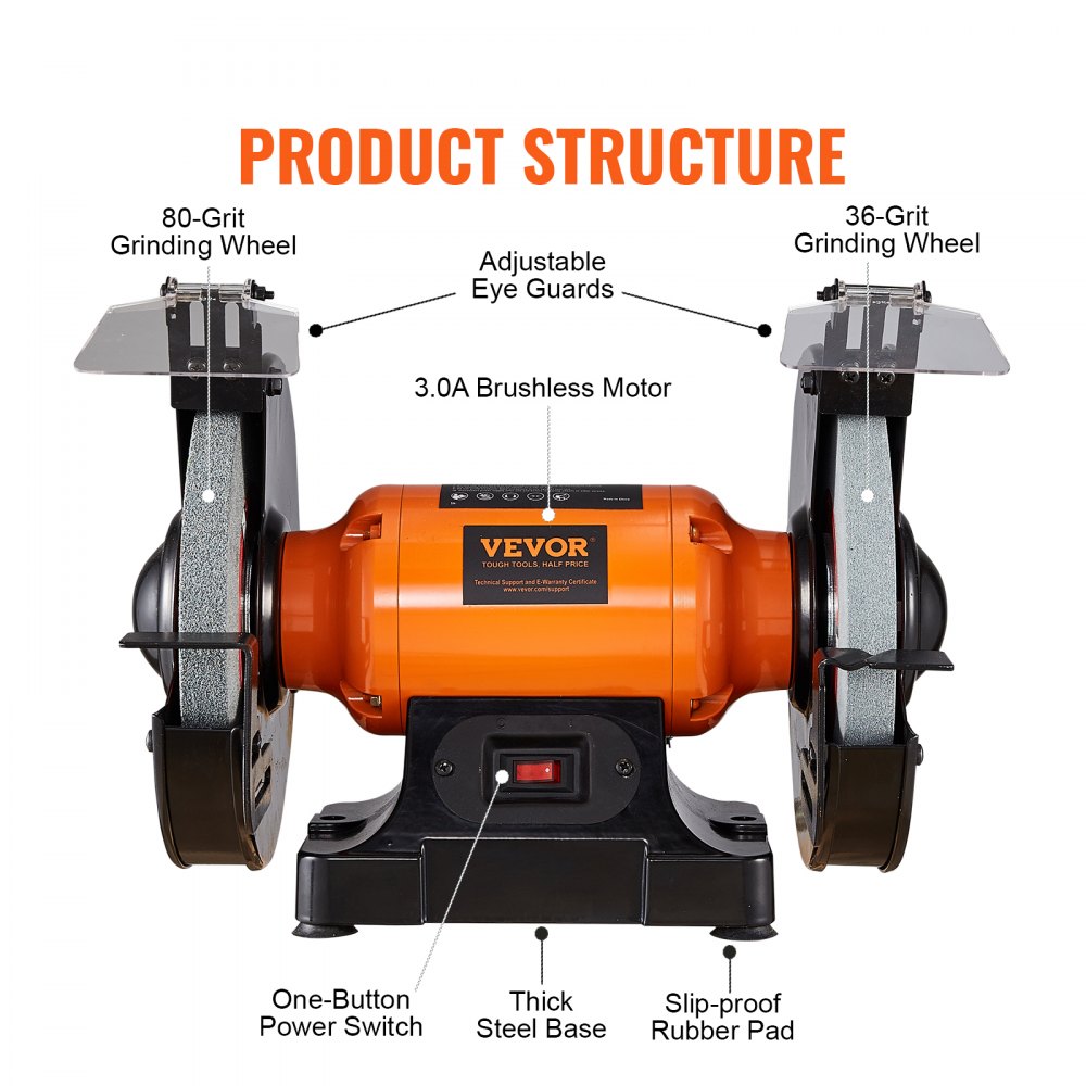 VEVOR Bench Grinder, 8 inch Single Speed Bench Grinder with 3A ...
