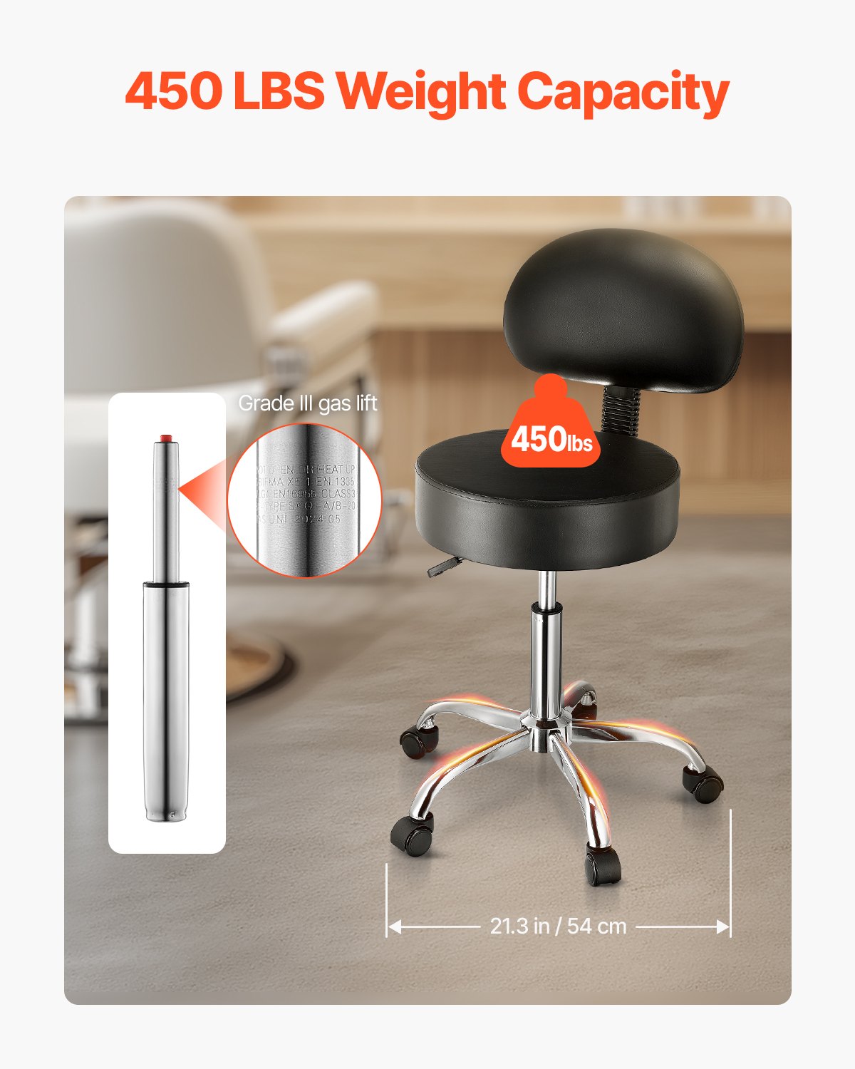 VEVOR Rolling Stool with Back Support – 450LBS, 21.7-28"
