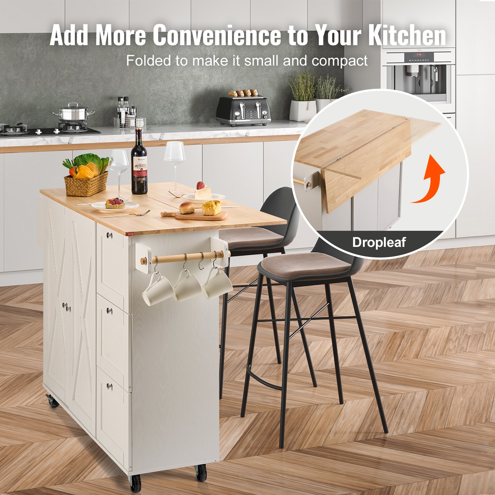 VEVOR Kitchen Island Cart with Solid Wood Top, 45.3" Width Mobile Carts ...
