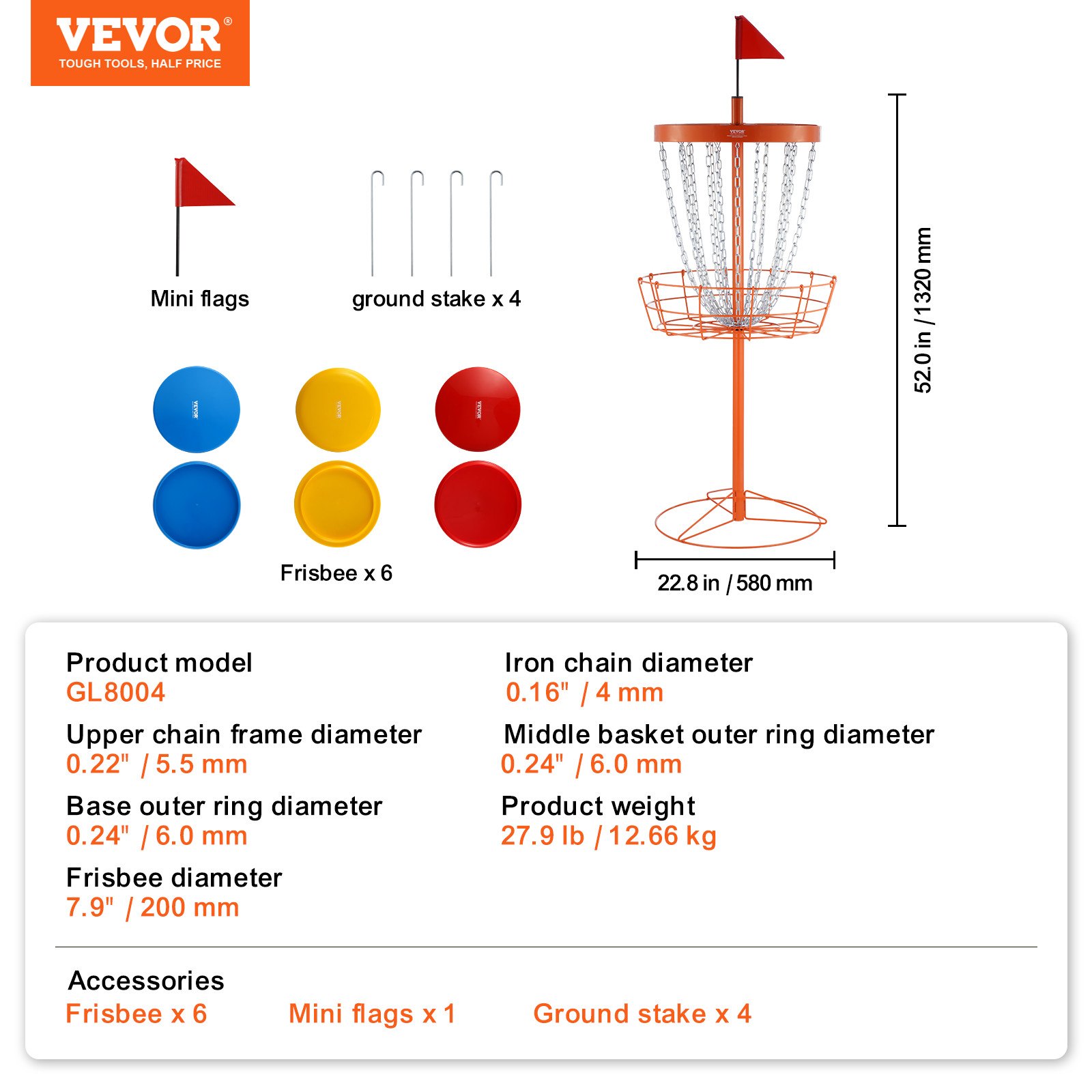 VEVOR Disc Golf Basket, 24-Chains Portable Disc Golf Target Hole, Heavy ...