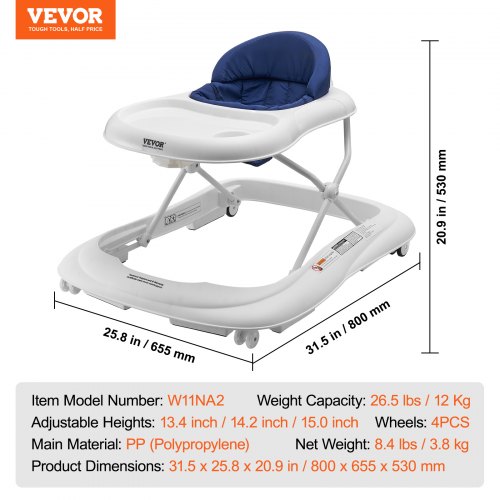 VEVOR Baby Walker, Foldable Baby Walkers with 3-Level Adjustable Height ...