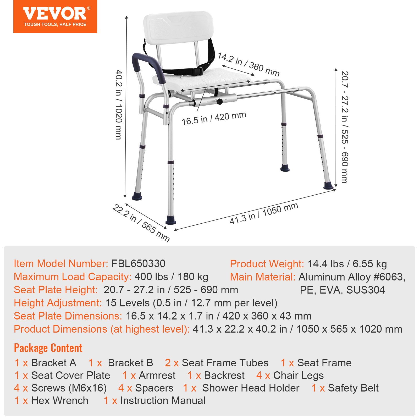 VEVOR Sliding Tub Transfer Bench Shower Chair & Cut-Out Seat Reversible ...
