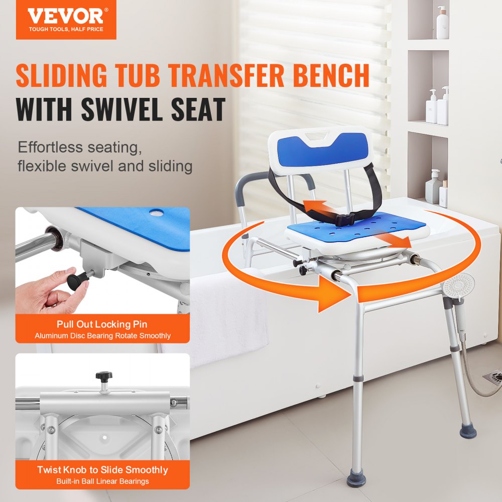 VEVOR Sliding Tub Transfer Bench Shower Chair with 360 Degree Swivel ...