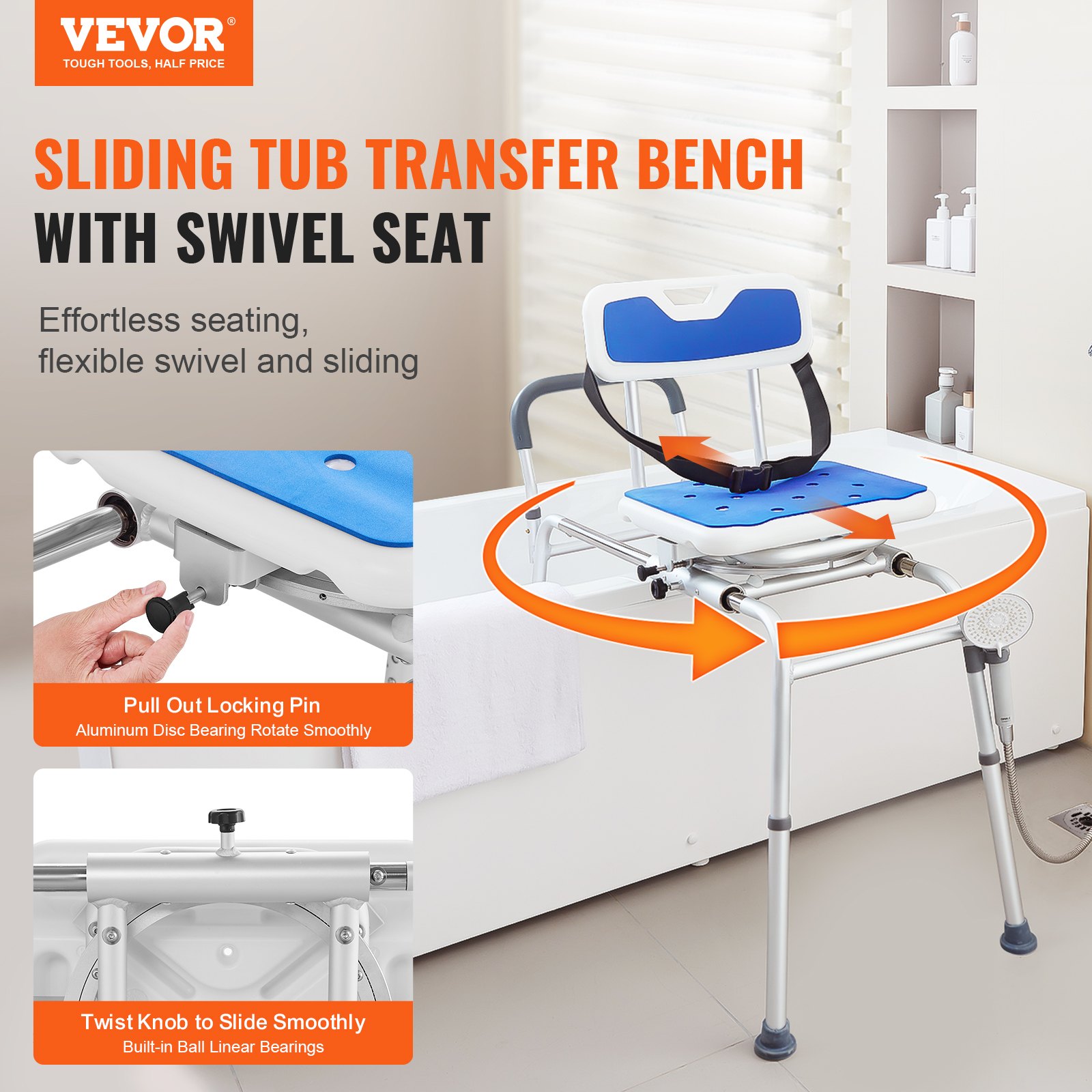 VEVOR Sliding Tub Transfer Bench with 360 Degree Swivel Seat, Height ...