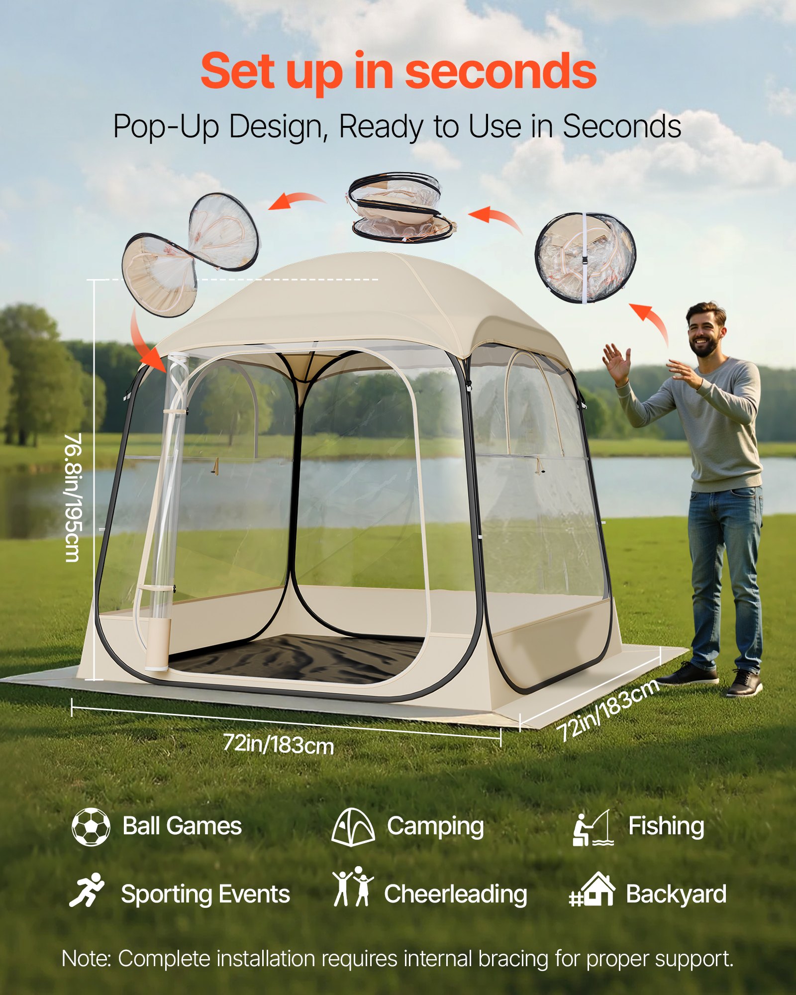 VEVOR Pop up Sports Tent, 72x72 in Clear Bubble Tent for 2-4 Persons ...