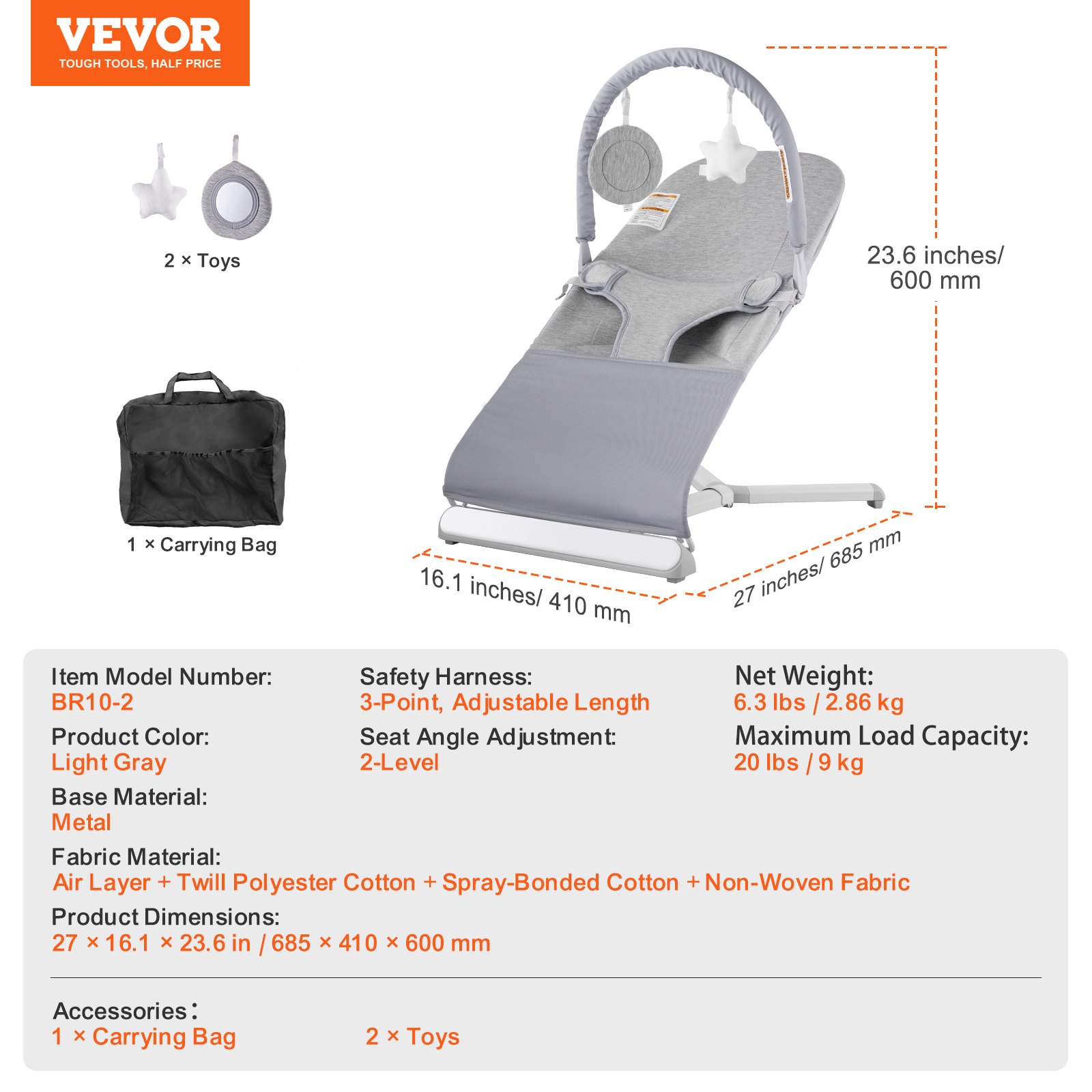 VEVOR Baby Bouncer Folding Bouncer Seat Chair for Babies 0-9 Months ...