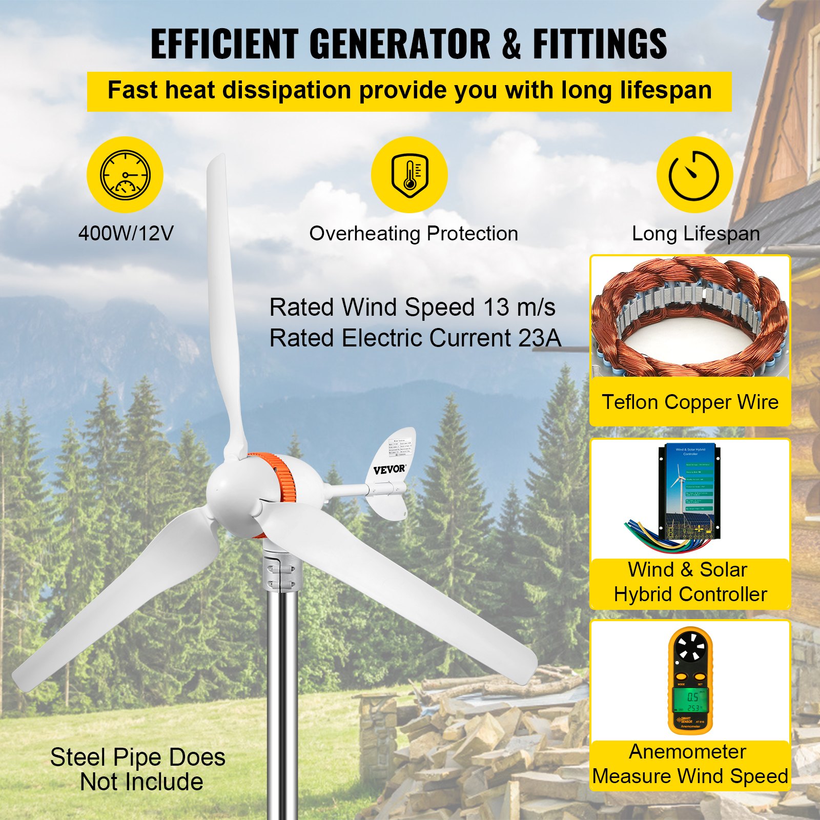 VEVOR Wind Turbine Generator, 12V/AC Wind Turbine Kit, 400W Wind Power ...