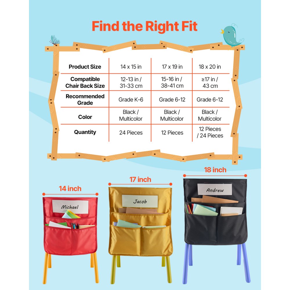VEVOR Black Chair Pockets for Classroom – 12 Pack, 18x20 In