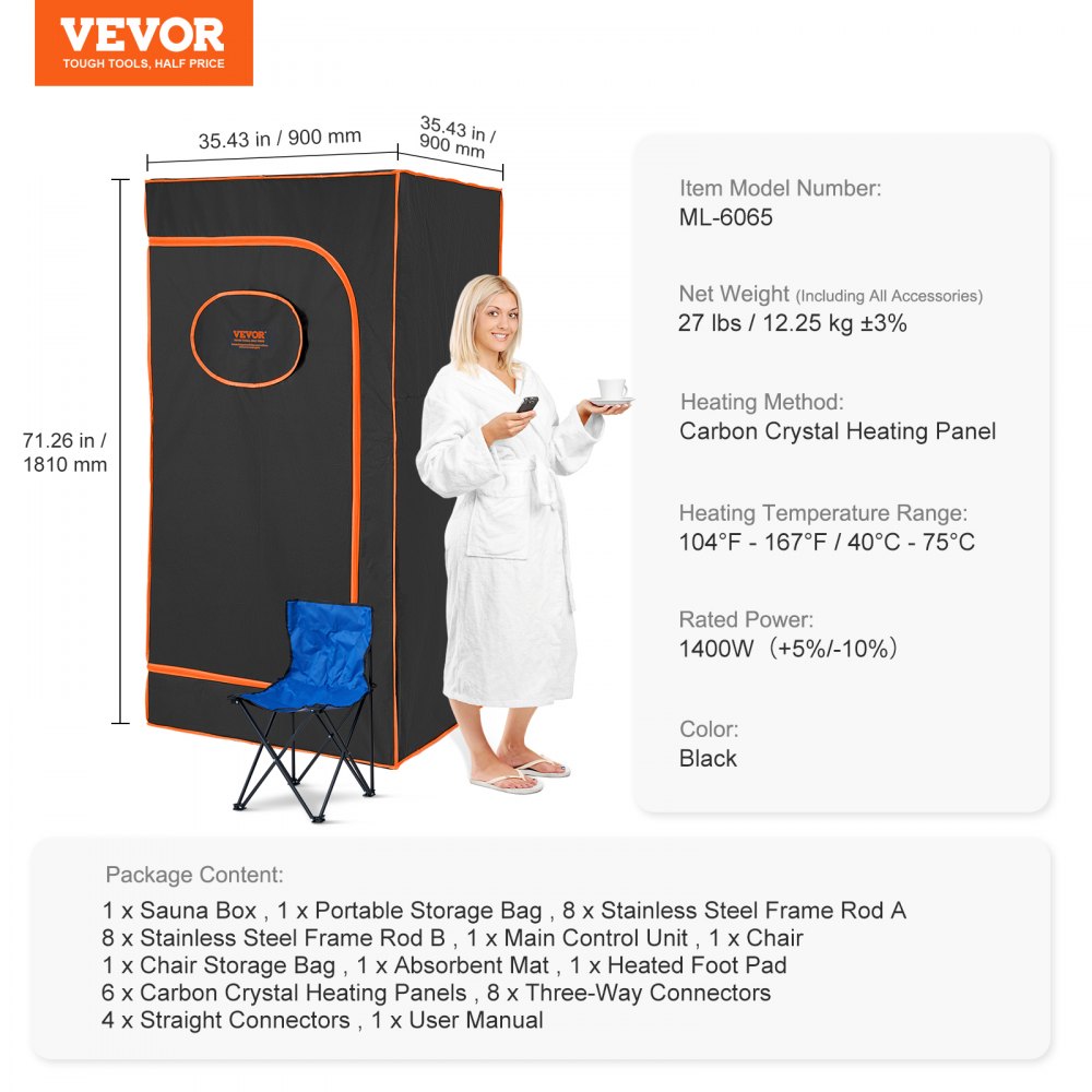 VEVOR Sauna Tent Portable Full Size, 1400W Personal Sauna Kit for Home ...