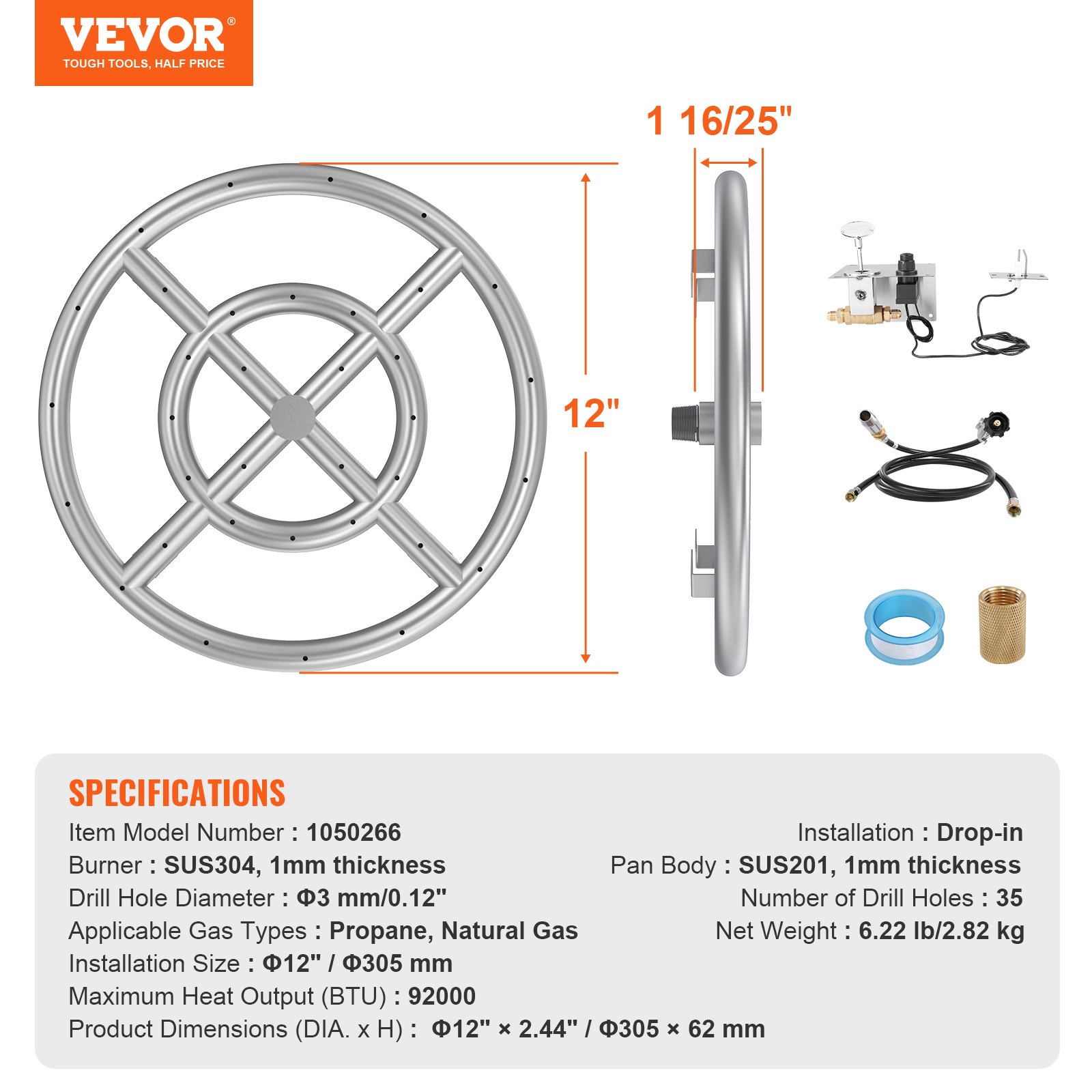 VEVOR Round Drop-in Fire Pit Pan 12 inch, Stainless Steel Fire Pit ...