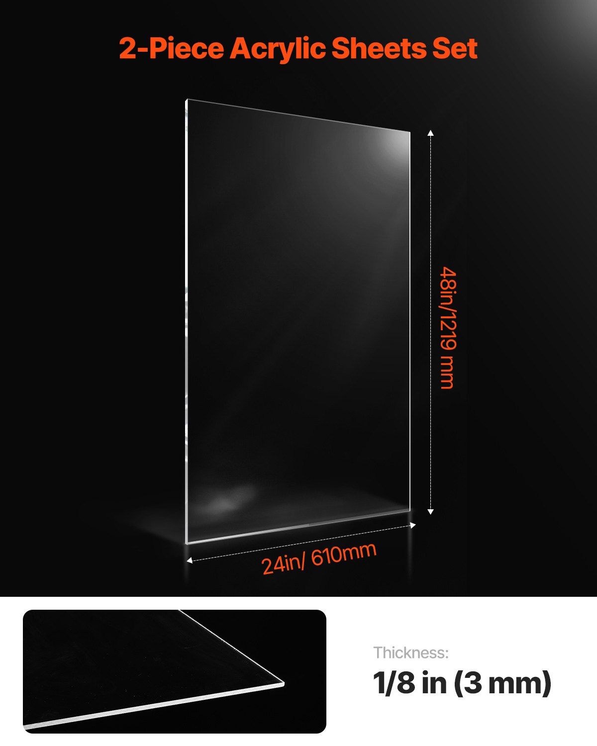 VEVOR Plexiglass Acrylic Sheets, 2-Pack Plastic Sheet, 24 x 48 Inch 1/8 ...