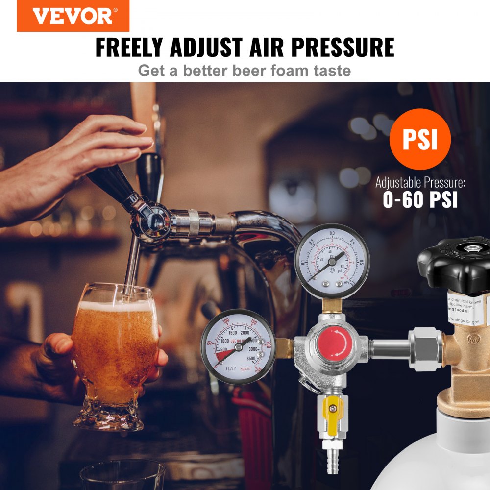 VEVOR Double Gauge Regulator, CO2 Regulator Gauge with 0-60PSI, Heavy ...