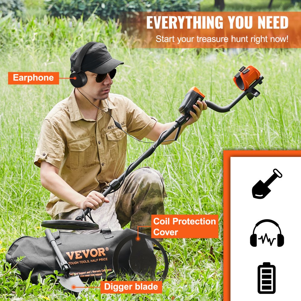 VEVOR Metal Detector for Adults & Kids, 10 Inch Waterproof Search Coil ...