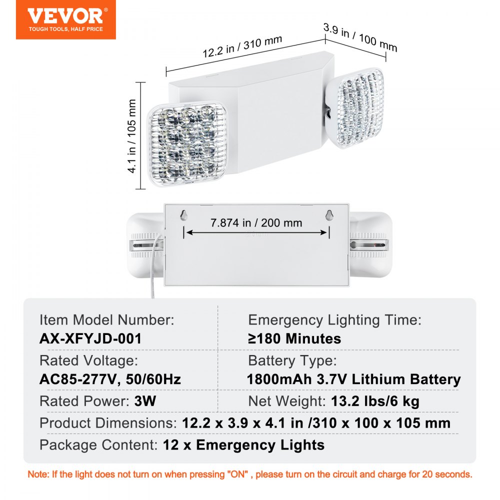 VEVOR 12 Pack Commercial Emergency Light, 3W, White LED Emergency Exit ...