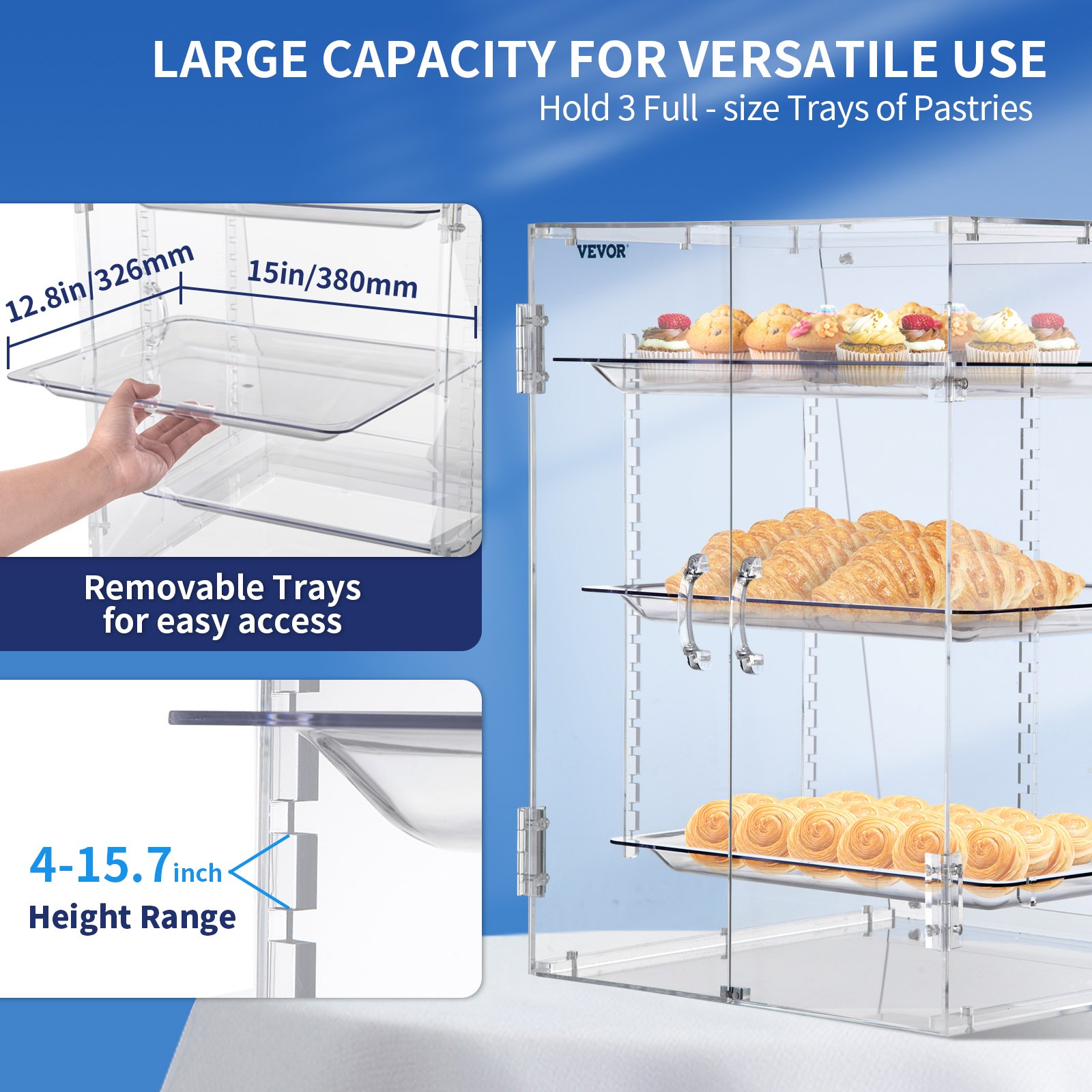 VEVOR Pastry Display Case, 3-Tier Removable Shelves Bakery Display Case ...