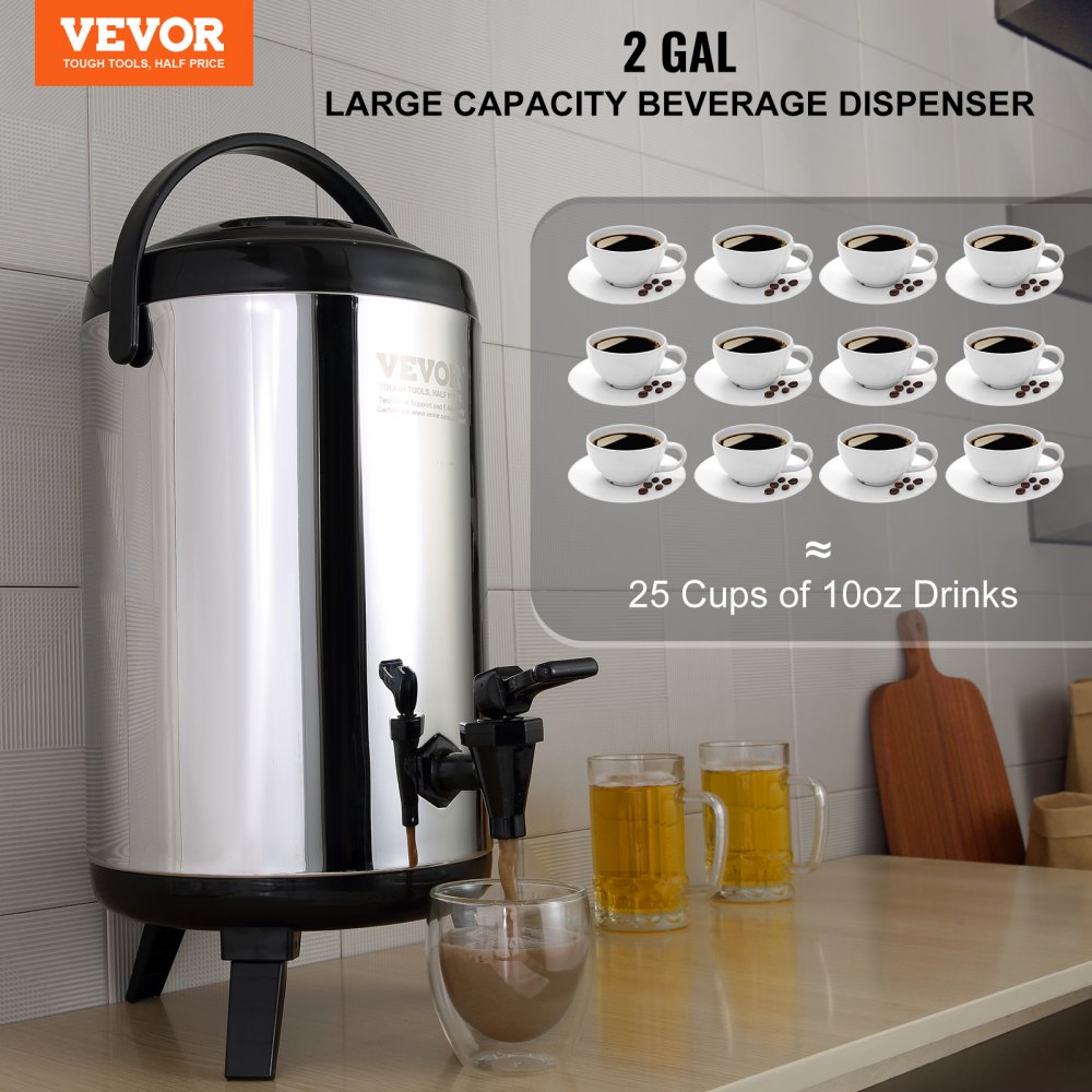 VEVOR Stainless Steel Insulated Beverage Dispenser, 2 Gallon 7.6 Liter ...