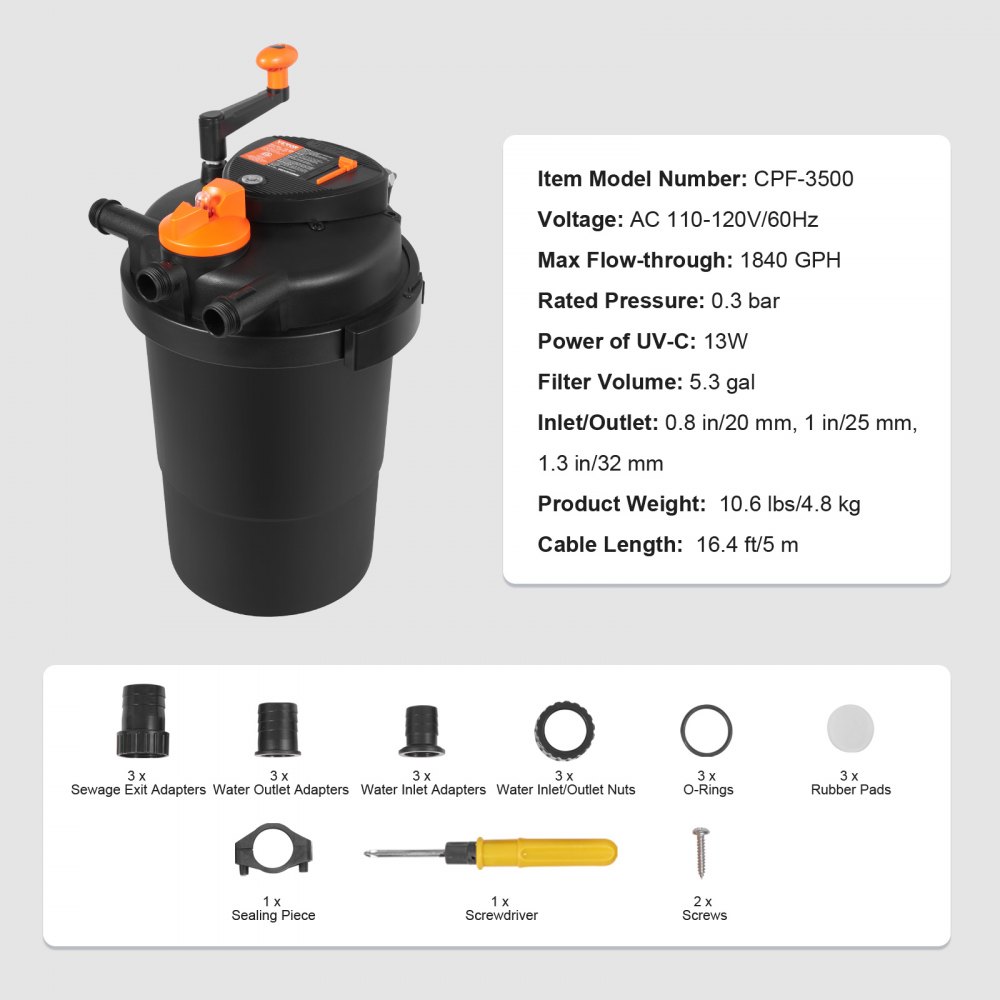 VEVOR Bio Pressure Pond Filter, Up to 2000 Gallons, with 13W UV-C Light ...