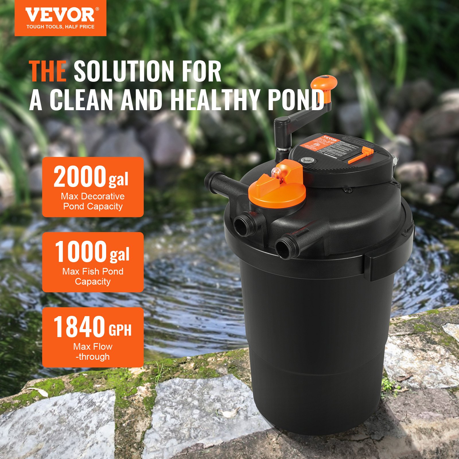 VEVOR Bio Pressure Pond Filter, Up to 2000 Gallons, with 13W UV-C Light ...