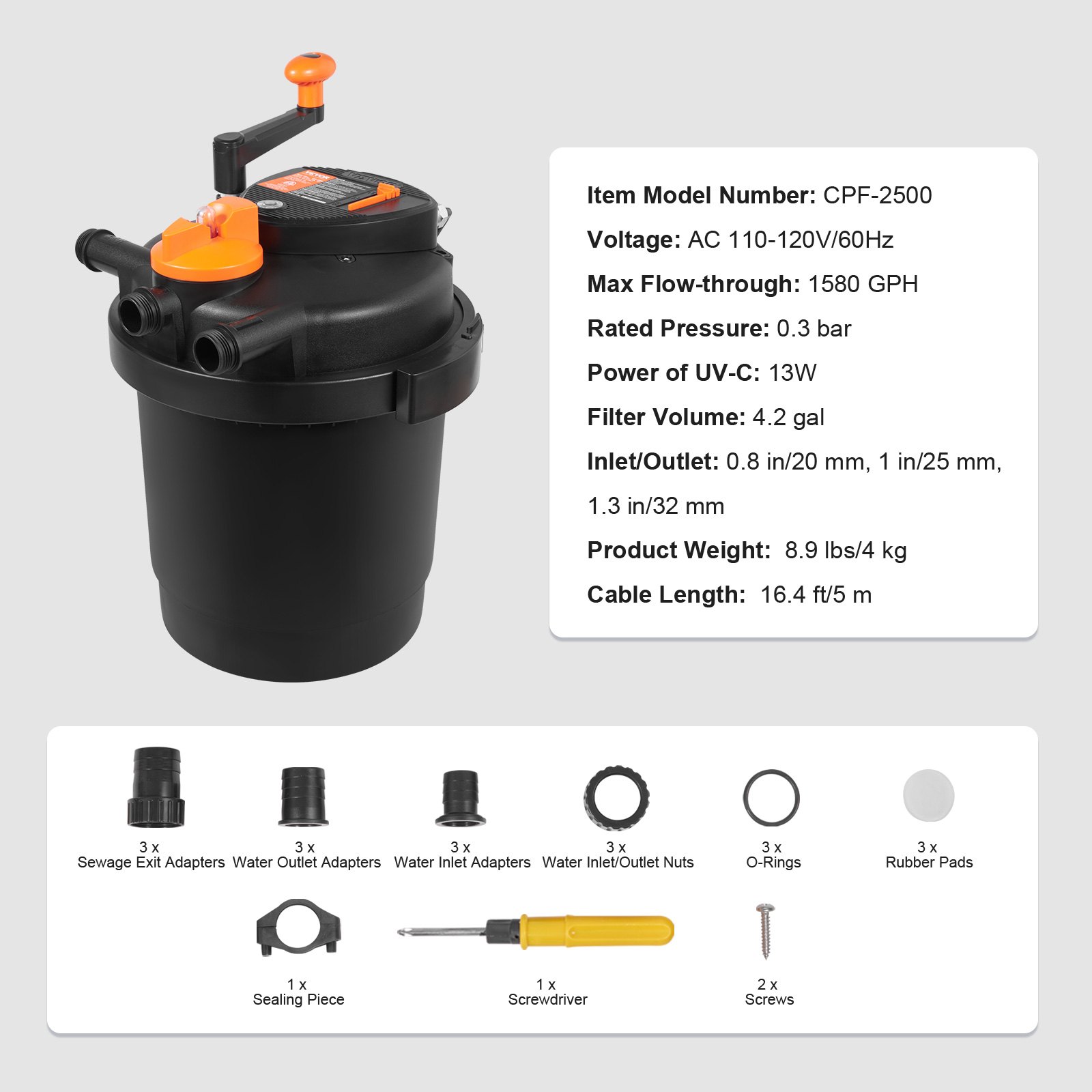 VEVOR Bio Pressure Pond Filter, Up to 1600 Gallons, with 13W UV-C Light ...