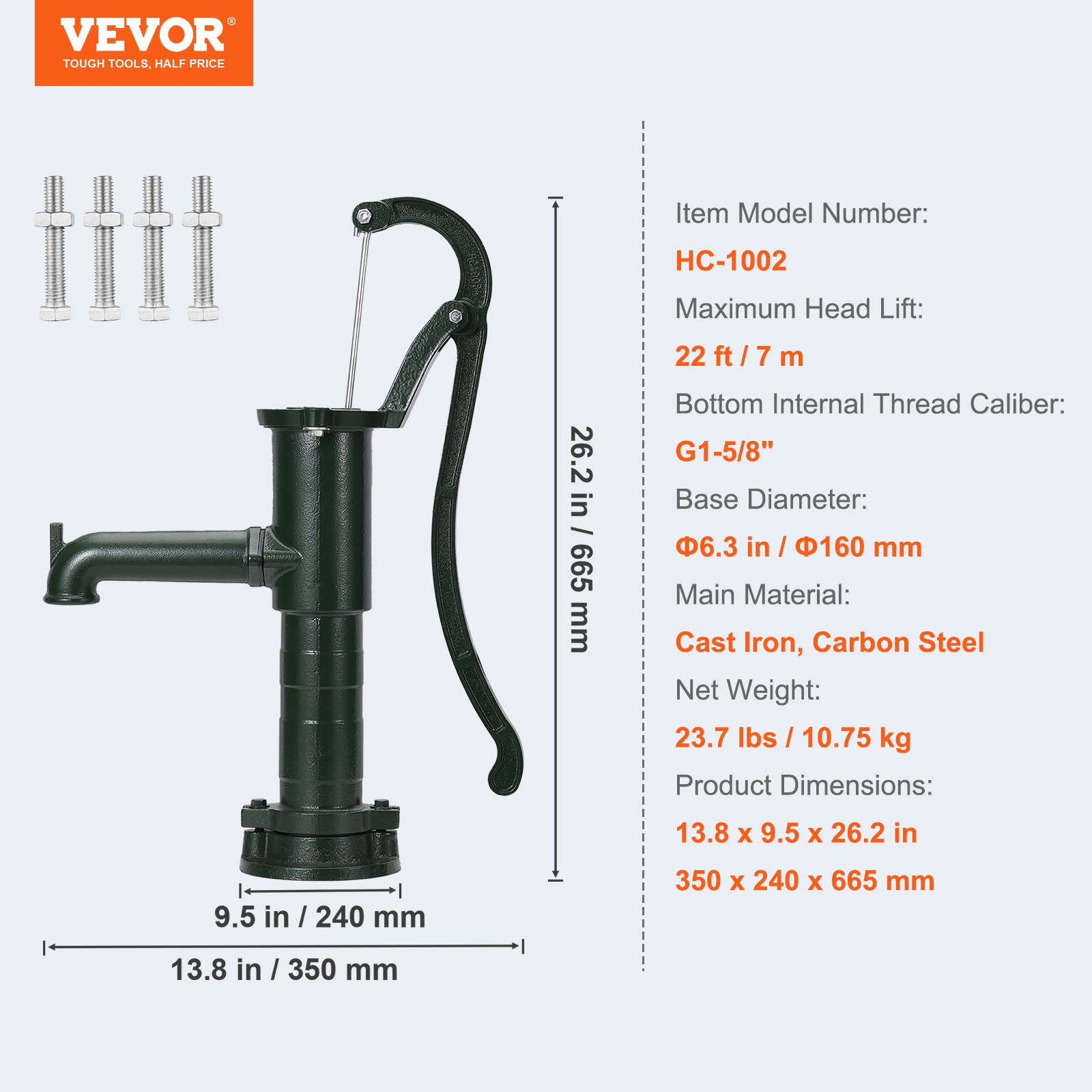 VEVOR Antique Well Hand Pitcher Pump, 22 ft Maximum Lift, Cast Iron ...
