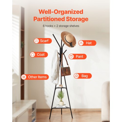 VEVOR Coat Rack Freestanding Coats Rack Stand with 2 Shelves & 6 Hooks ...