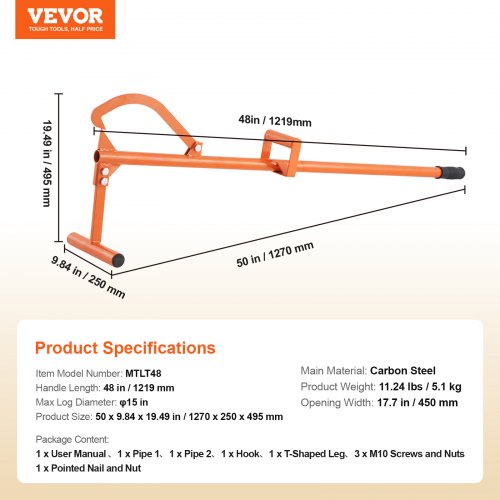 VEVOR Timberjack Log Lifter 4 in 1 Log Roller 46.5 in Logging Forestry ...