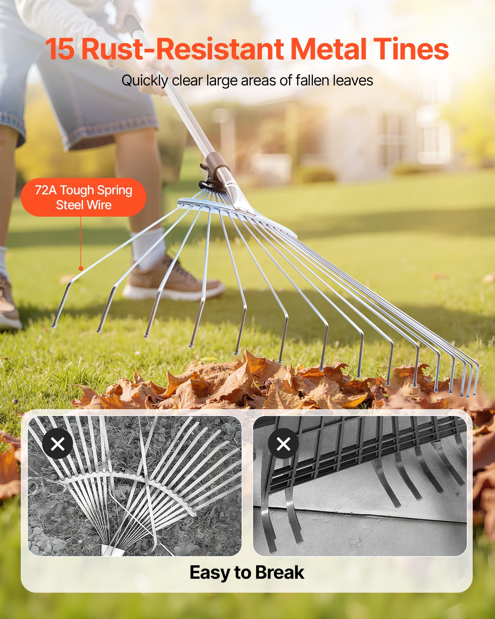 VEVOR Leaf Rake, 15 Metal Tines, Adjustable Garden Rake for Lawns with ...