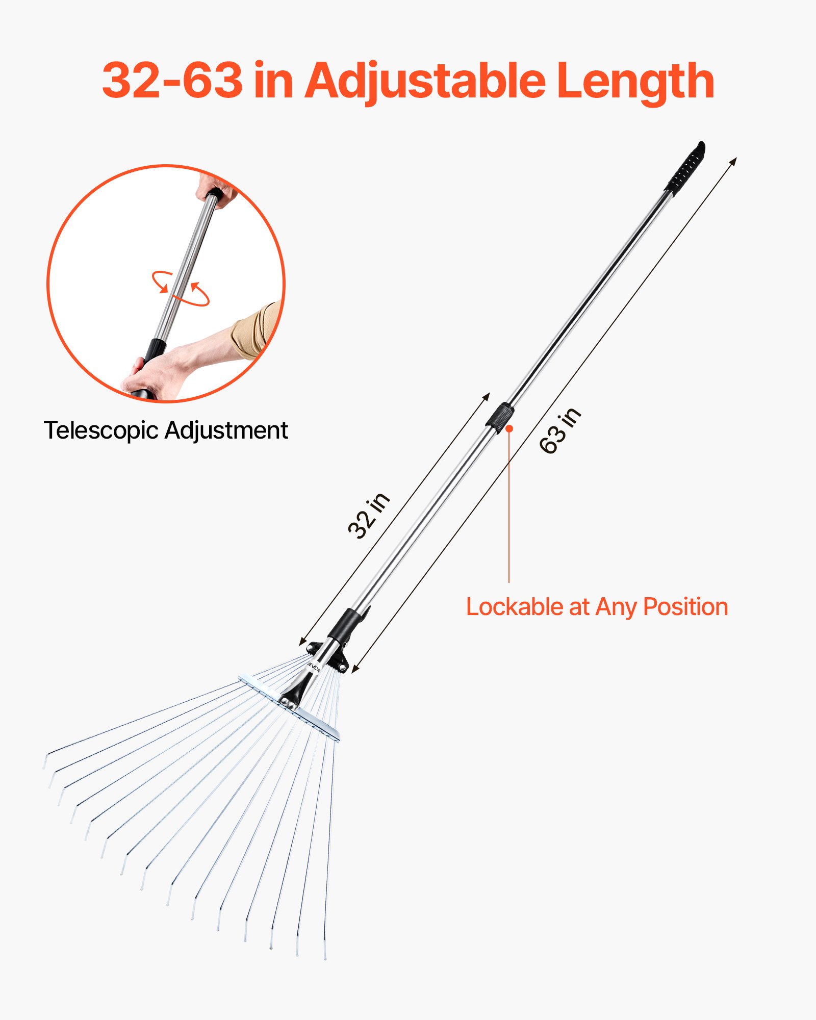 VEVOR Leaf Rake, 15 Metal Tines, Adjustable Garden Rake for Lawns with ...