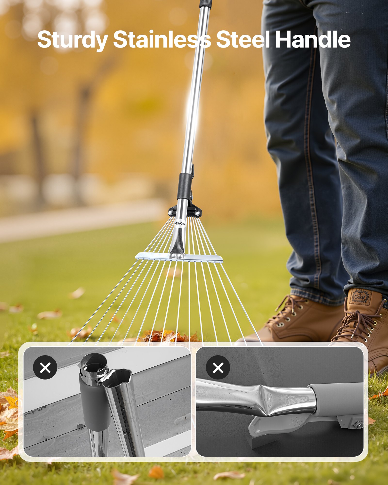 VEVOR Leaf Rake, 15 Metal Tines, Adjustable Garden Rake for Lawns with ...