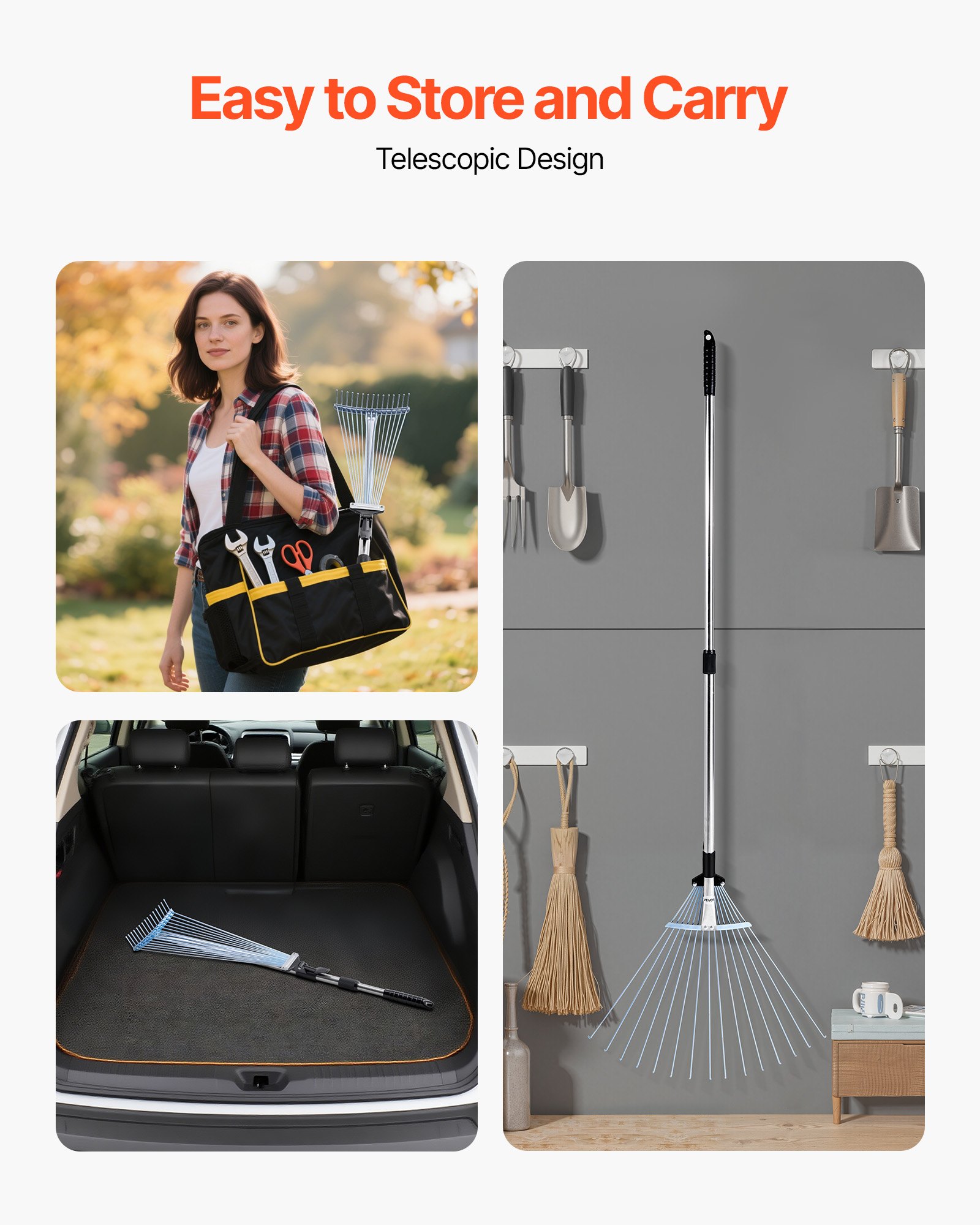 VEVOR Leaf Rake, 15 Metal Tines, Adjustable Garden Rake for Lawns with ...