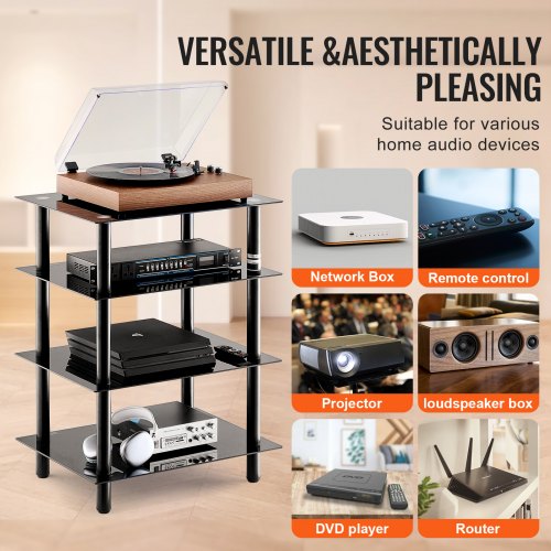 VEVOR 4-Tier AV Media Stand Strengthened Tempered Glass Audio-Video ...