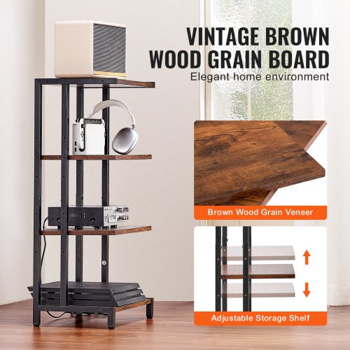 VEVOR 4-Tier AV Media Stand Height-Adjustable Wooden Audio-Video Media ...