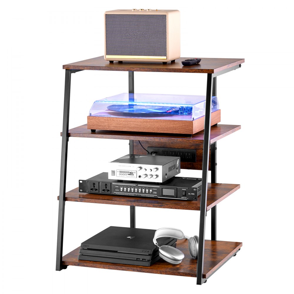 VEVOR 4-Tier AV Media Stand with Power Strips Wooden Corner TV Stand ...