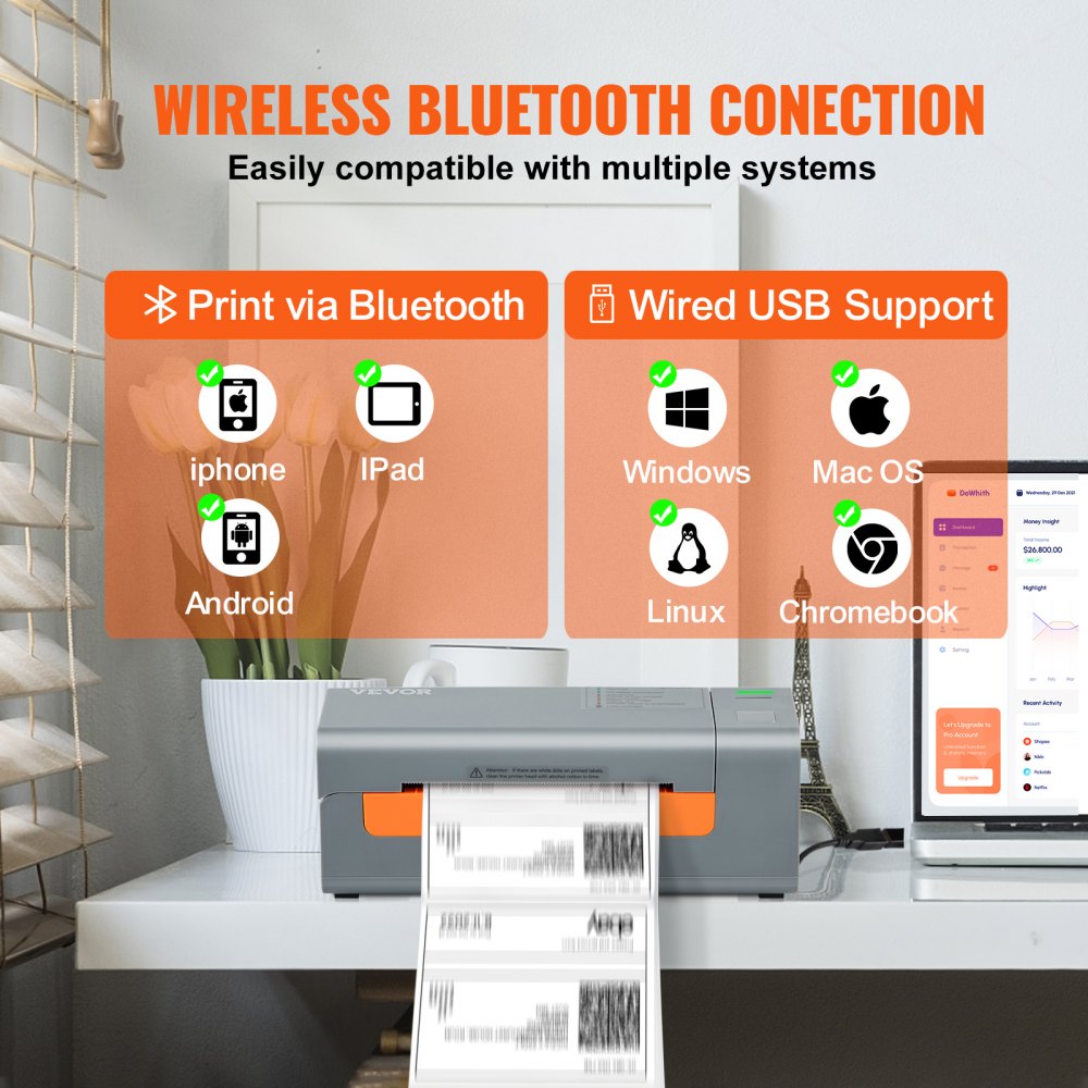 VEVOR Bluetooth Thermal Label Printer, Wireless Shipping Label Printer ...
